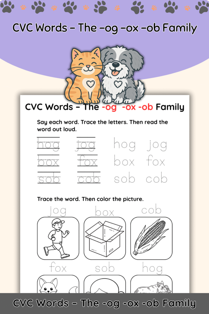 Free CVC Words Worksheets: The “-og,” “-ox,” and “-ob” Word Families ...