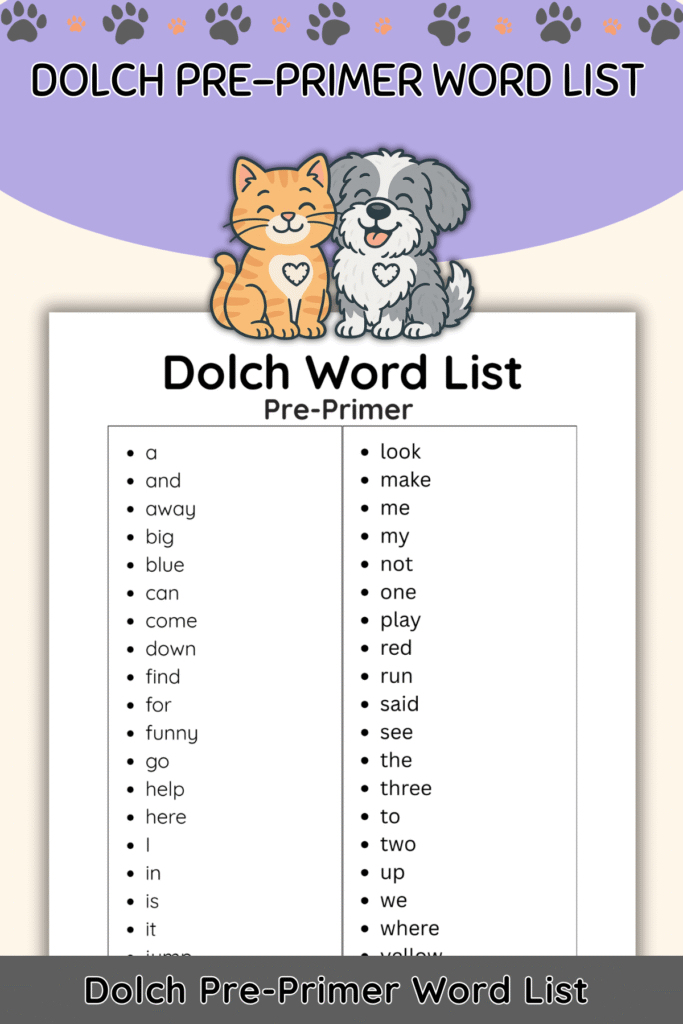Free Dolch Sight Words List – Pre-Primer (Preschool/Kindergarten ...