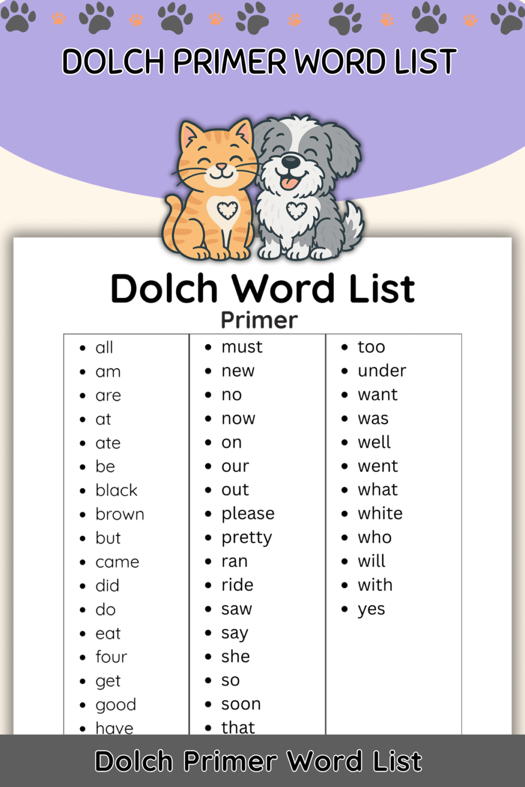 Dolch Primer Sight Word List with Free Printable Flashcards - Loaf & Stitch