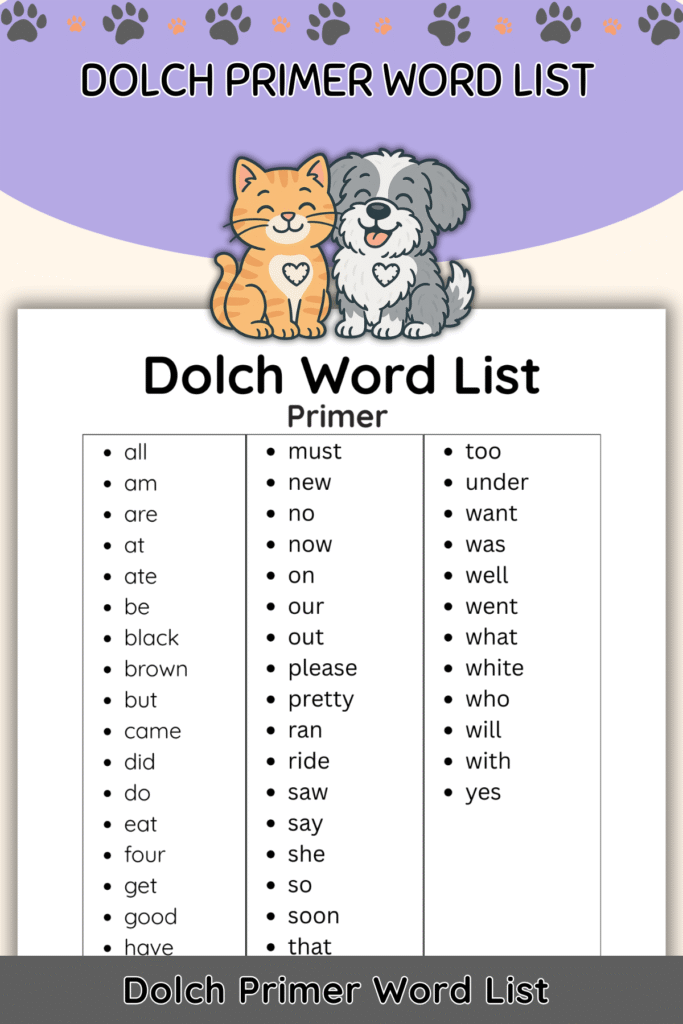 Free Dolch Sight Words List – Pre-Primer (Preschool/Kindergarten ...