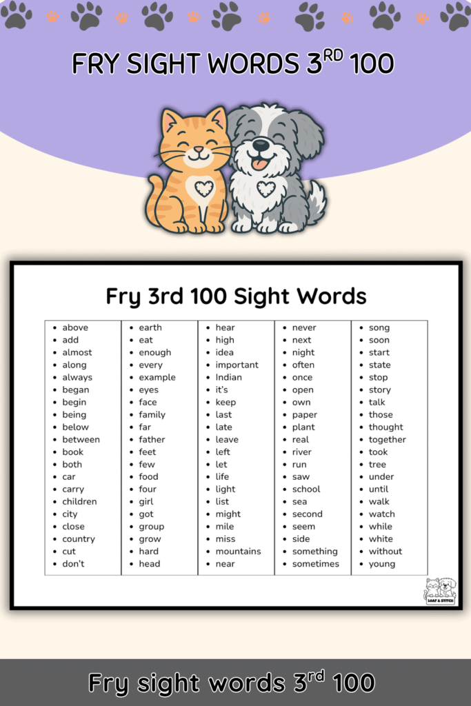 Free Fry First 100 Sight Words List - Loaf & Stitch