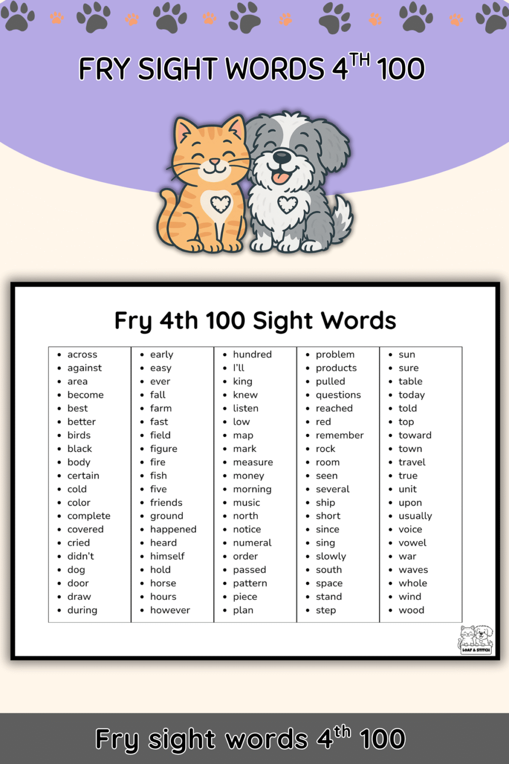Free Fry First 100 Sight Words List - Loaf & Stitch