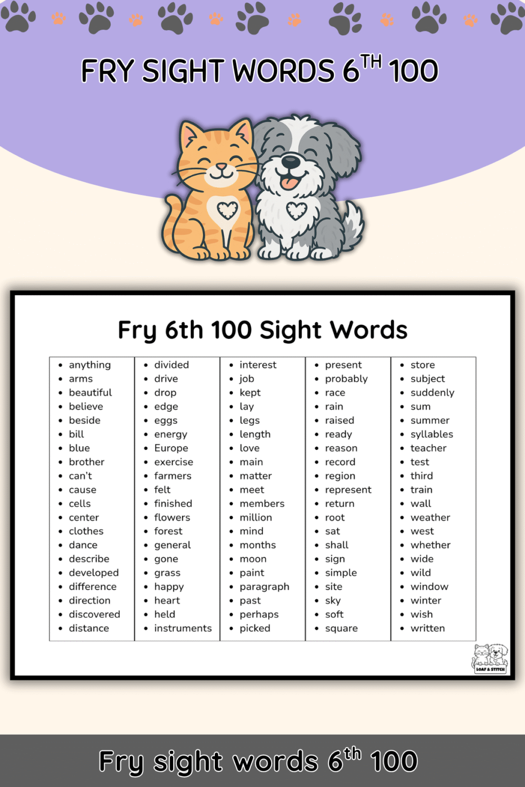 Free Fry First 100 Sight Words List - Loaf & Stitch
