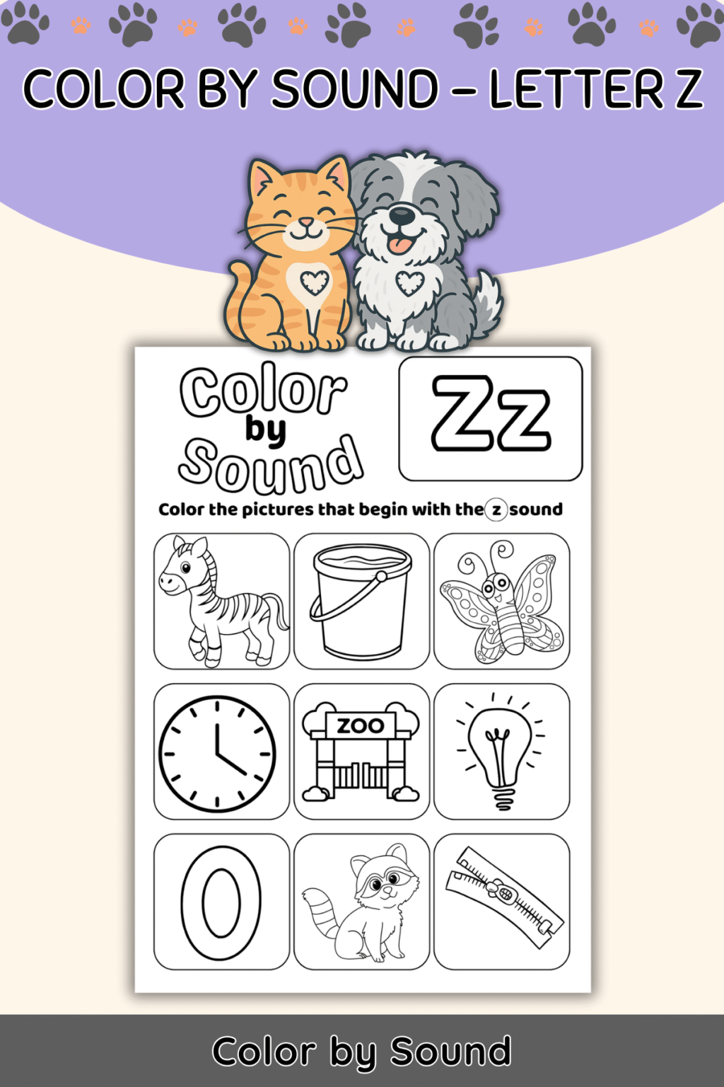 Color by Beginning Sound – Letter Z Worksheet – Loaf & Stitch